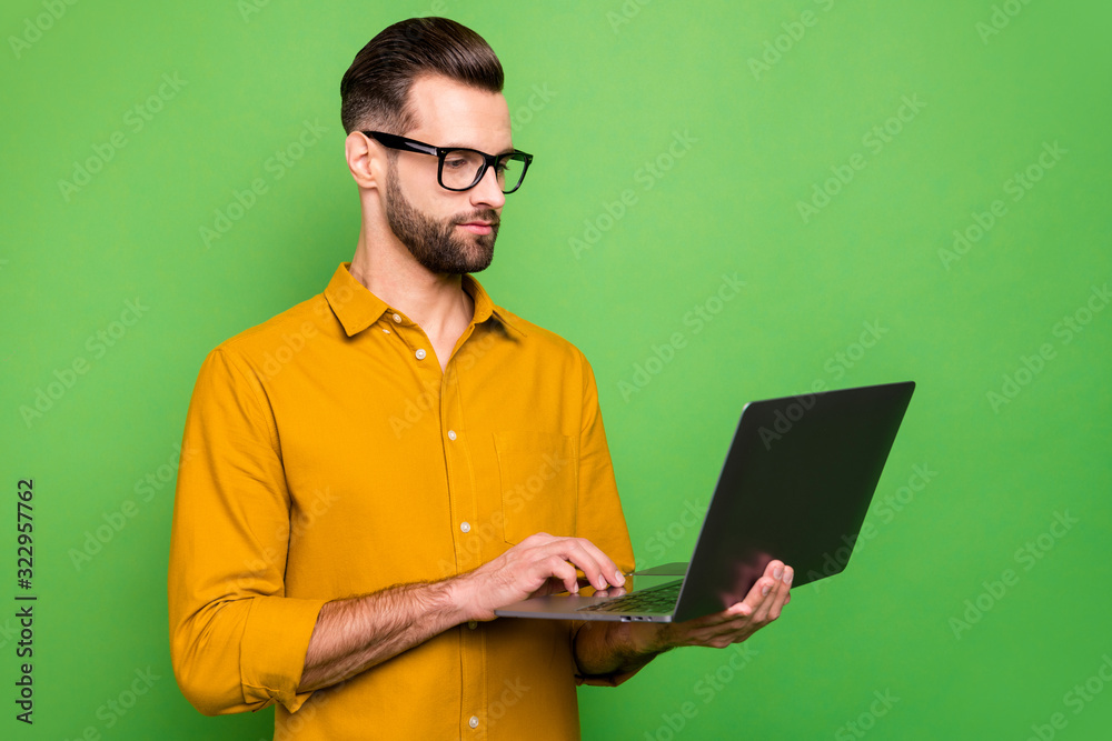 Profile side view portrait of his he nice attractive focused ...