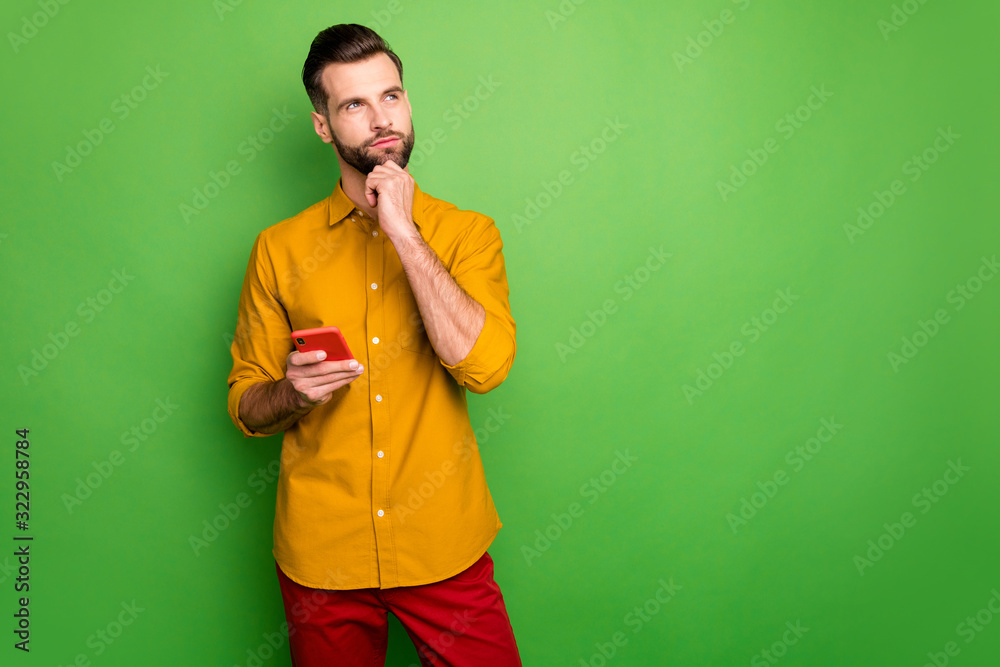 Portrait of his he nice attractive serious minded guy in formal shirt ...