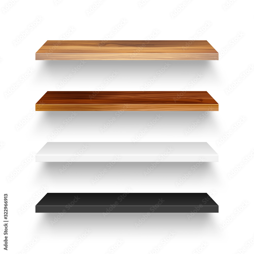 Realistic empty wooden store shelves set. Product shelf with wood ...