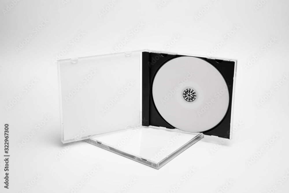 Open and close compact plastic disc box case set with white isolated ...