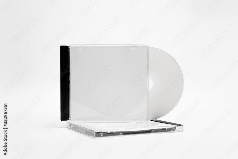 Open and close compact plastic disc box case set with white isolated ...