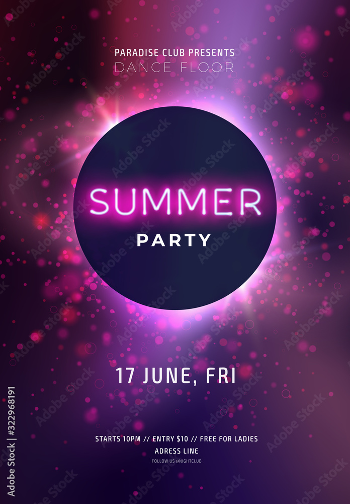 Dark purple neon party flyer with copy space. Magical background with ...