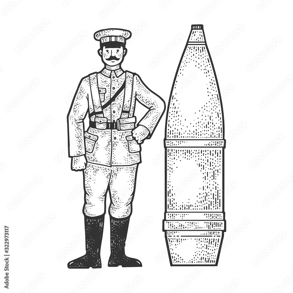 World War I soldier and huge cannon shell sketch engraving vector ...