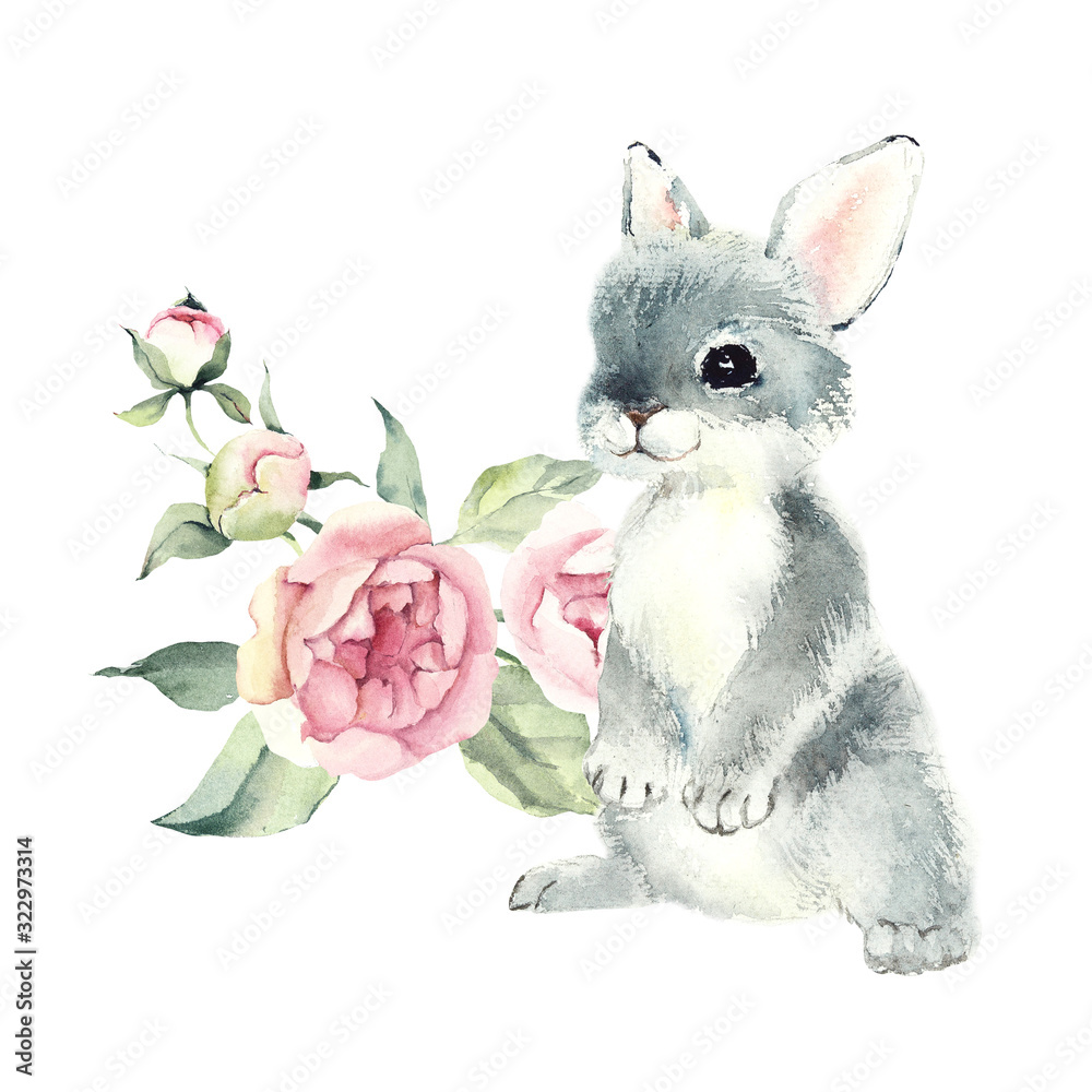 Pink flowers & rabbit. Hand drawing water color. Spring composition ...