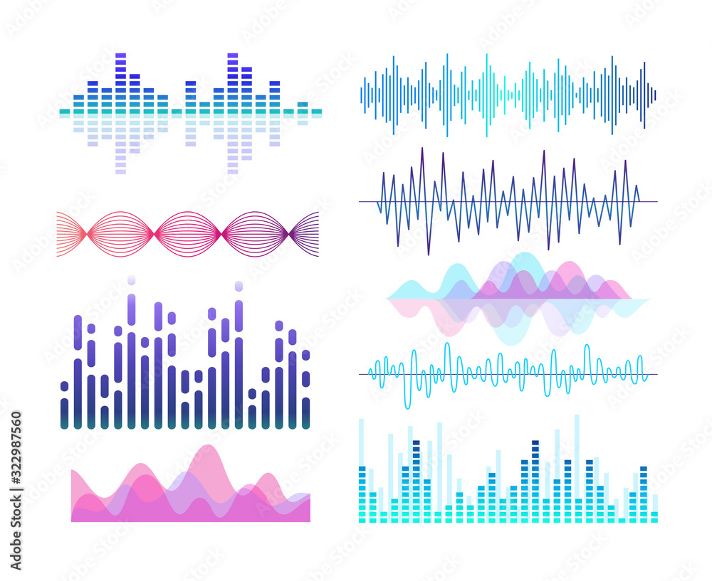 Sound effects vector color illustrations set. Soundwaves and voice ...