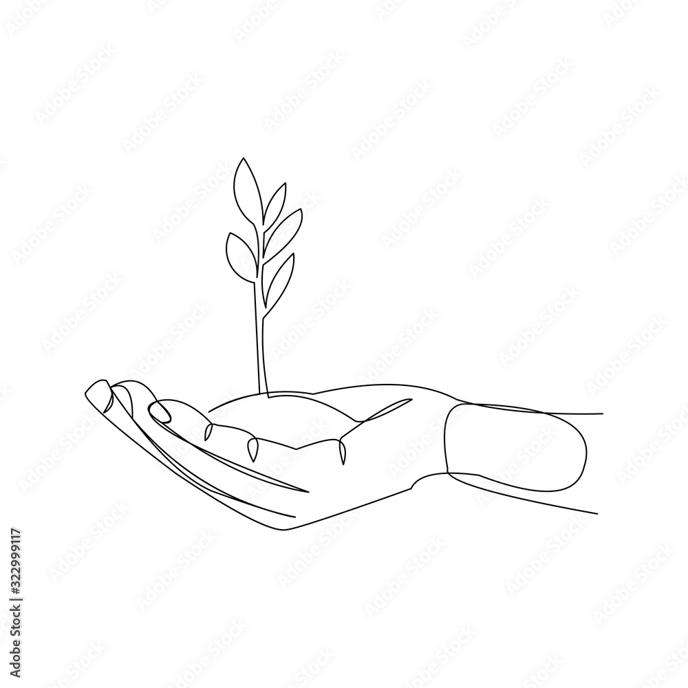 Continuous line drawing of hands palm with growth plant. Vector ...
