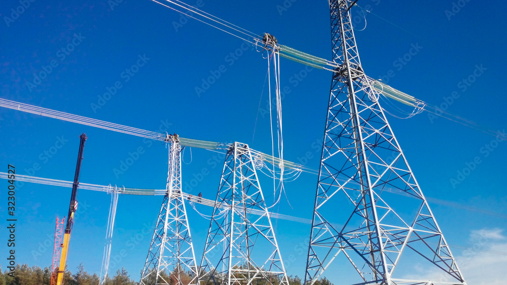 Construction of a high-voltage line of 750 kV overhead lines Stock ...