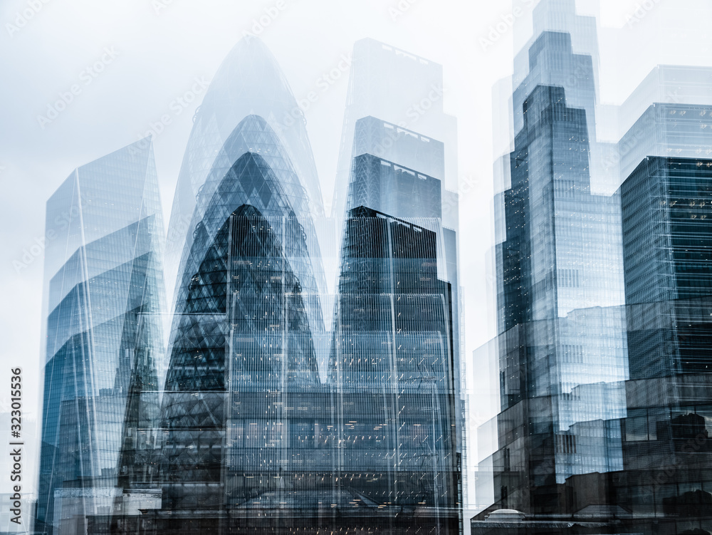 Abstract modern city buildings. Multiple exposure for a dynamic mood ...