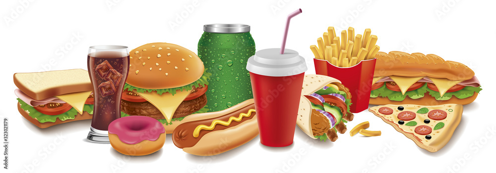 fast food items-hamburger, fries, hotdog, drinks, sandwich, baguette ...