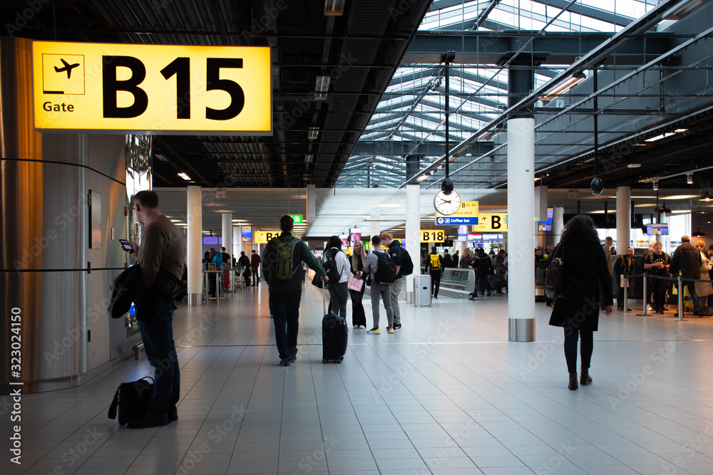 Airport terminal gate with gate number for departing flights ...