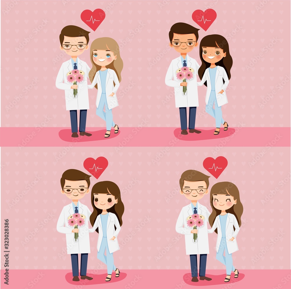cute Doctor couple cartoon character showing their love with flower ...