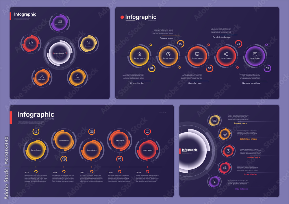Collection of various vector infographic templates on a deep blue ...