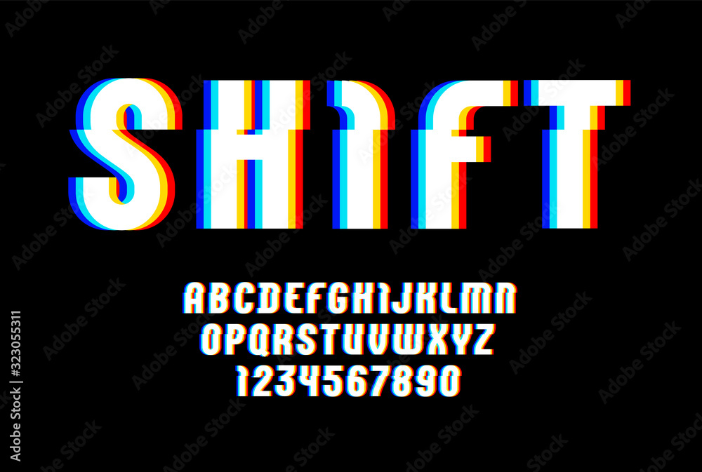 Alphabet of distorted glitch effect. Shifted modern white font, latin ...