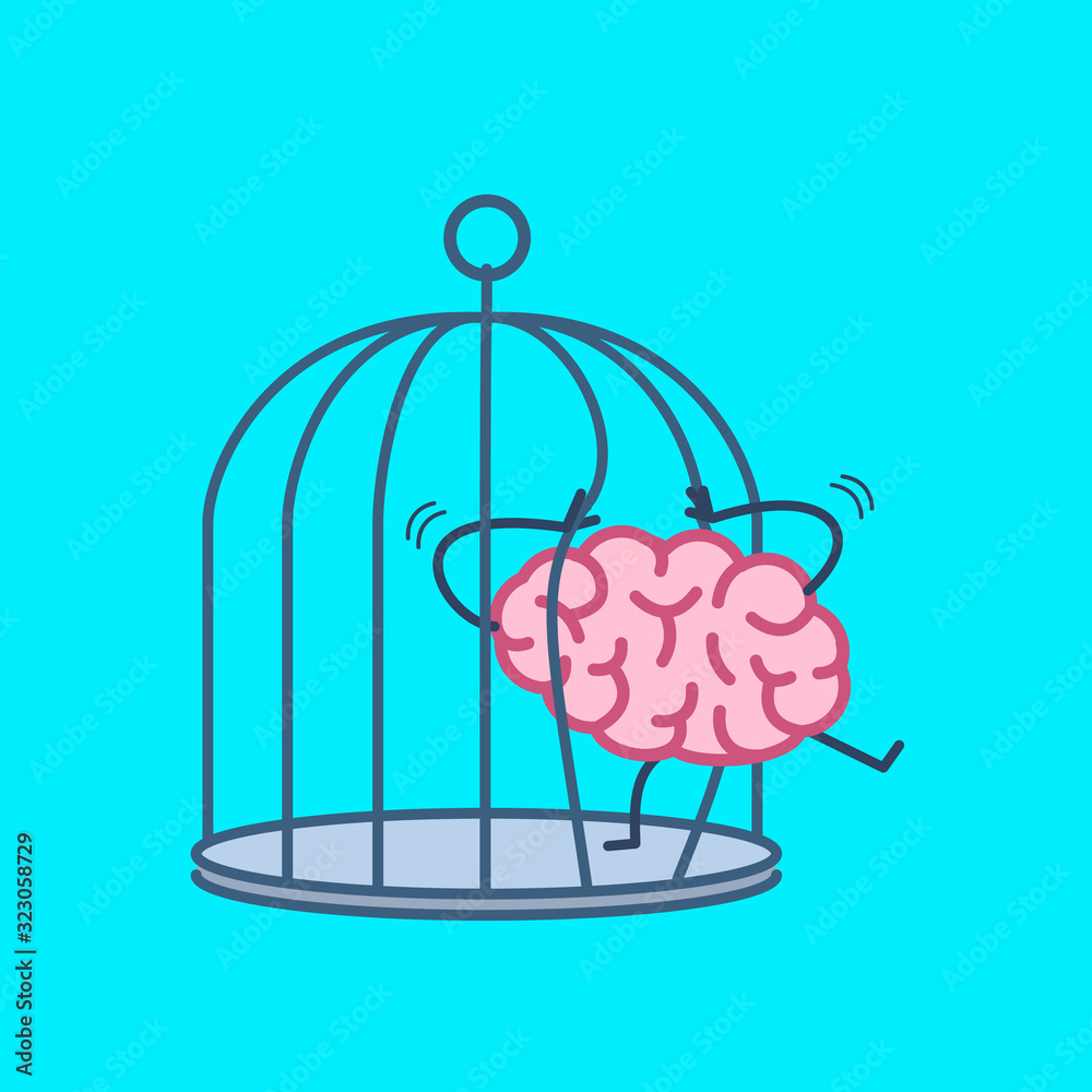 Brain trying open the grids to escape from cage. Vector concept ...