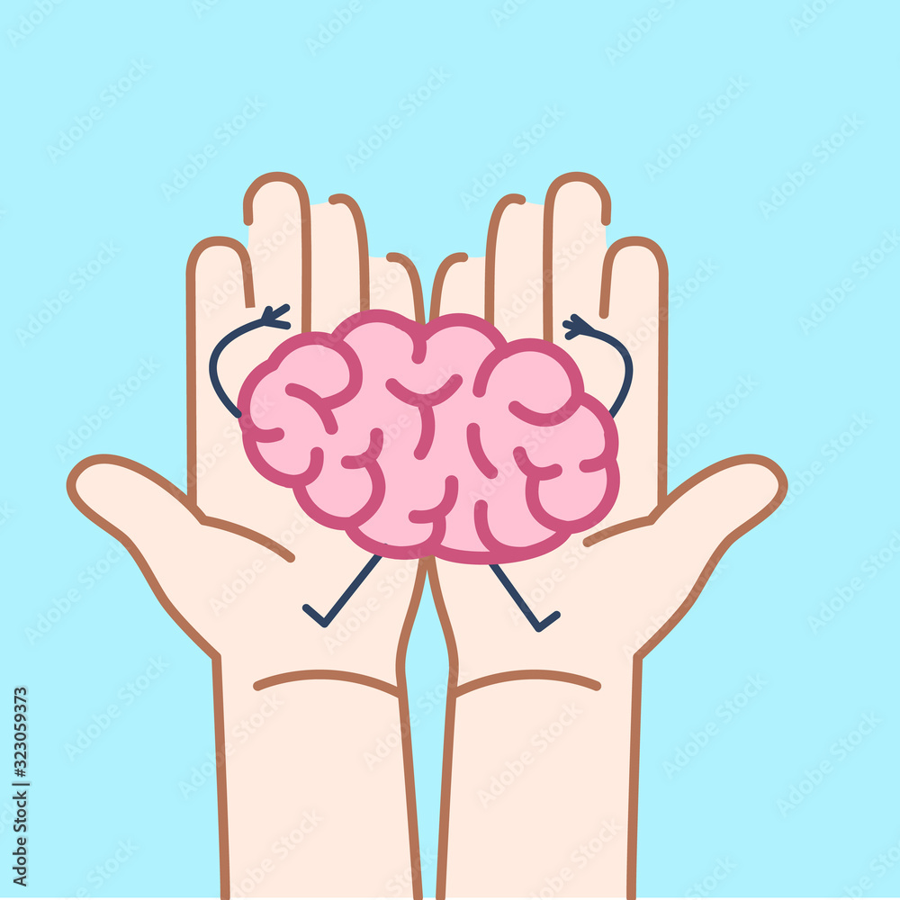 Carefully holding brain in two hands. Vector concept illustration of ...