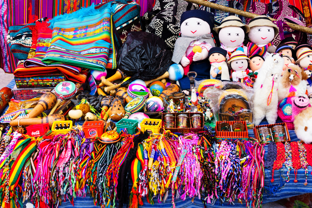Colorful handmade handicrafts of different colors in indian market of ...