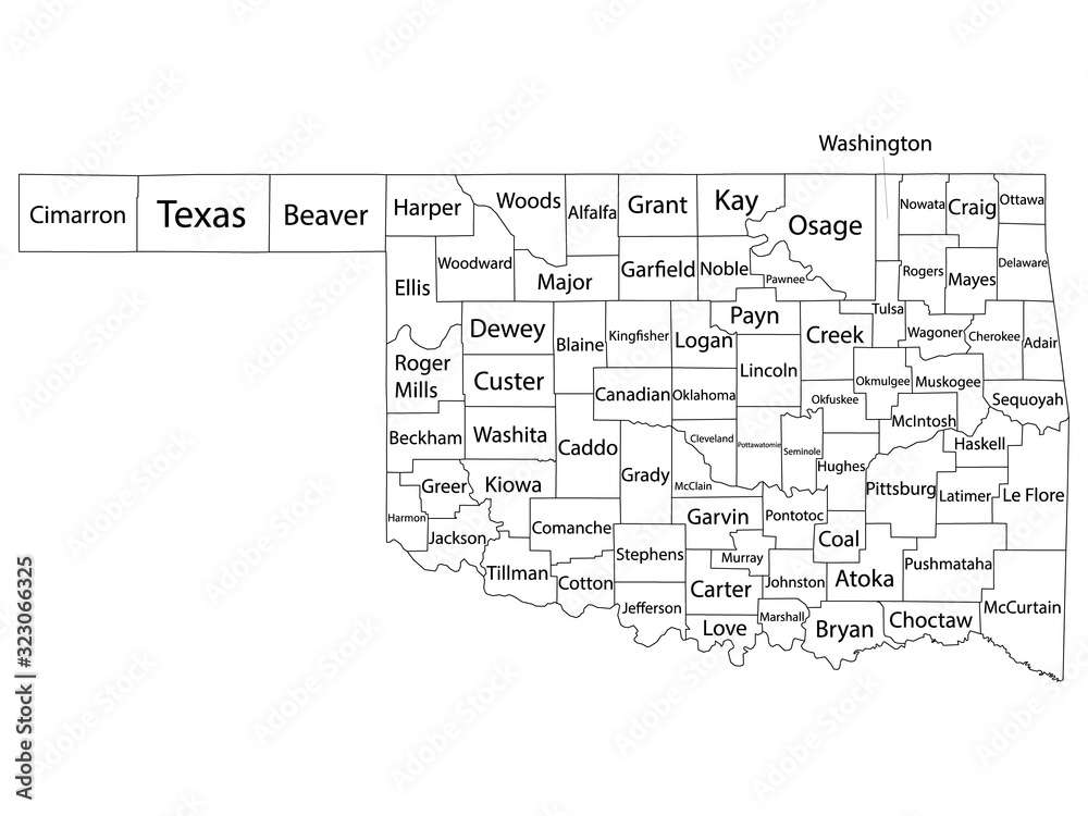White Outline Counties Map With Counties Names of US State of Oklahoma ...