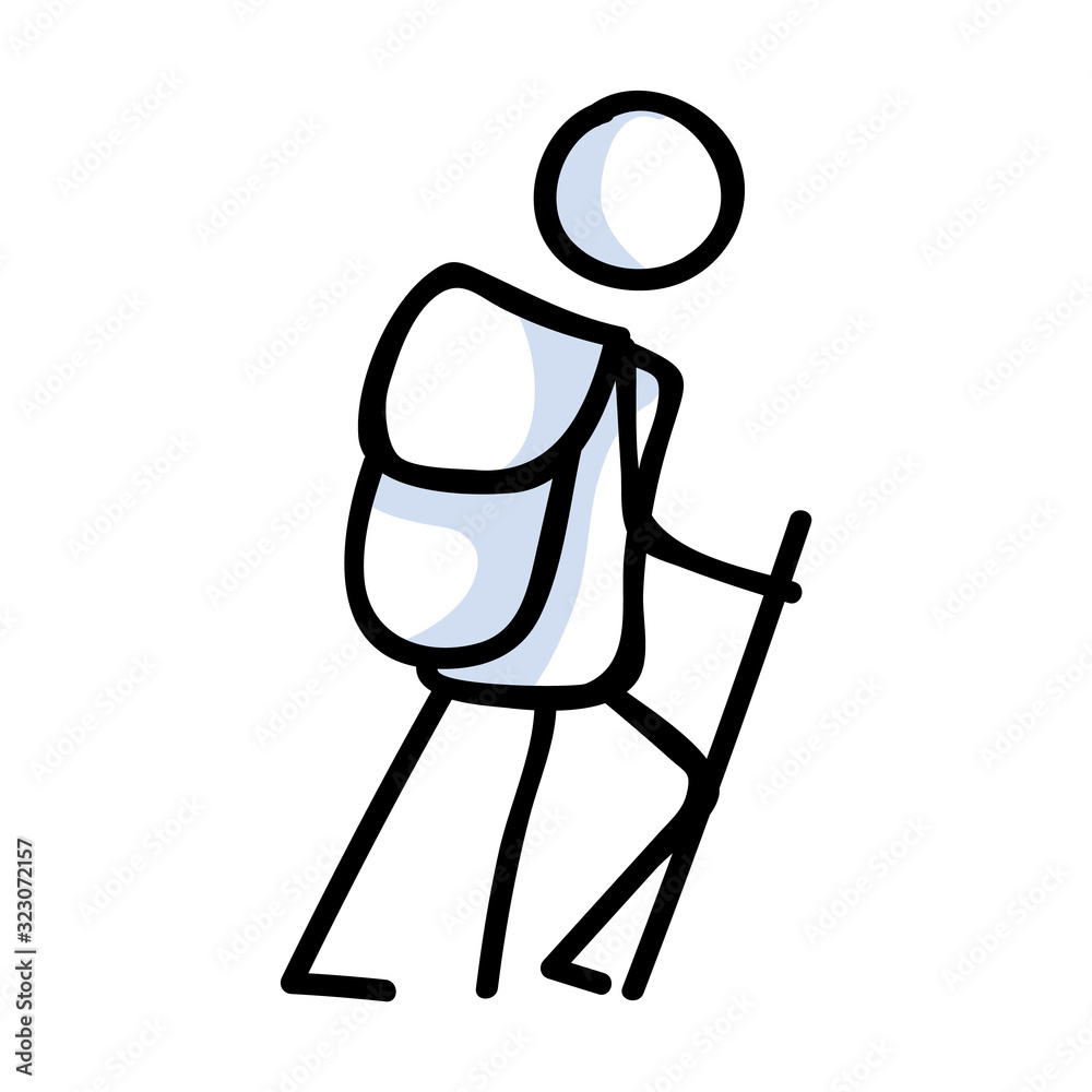 Hiking stick figure line art icon. Carrying backpack, track pole ...