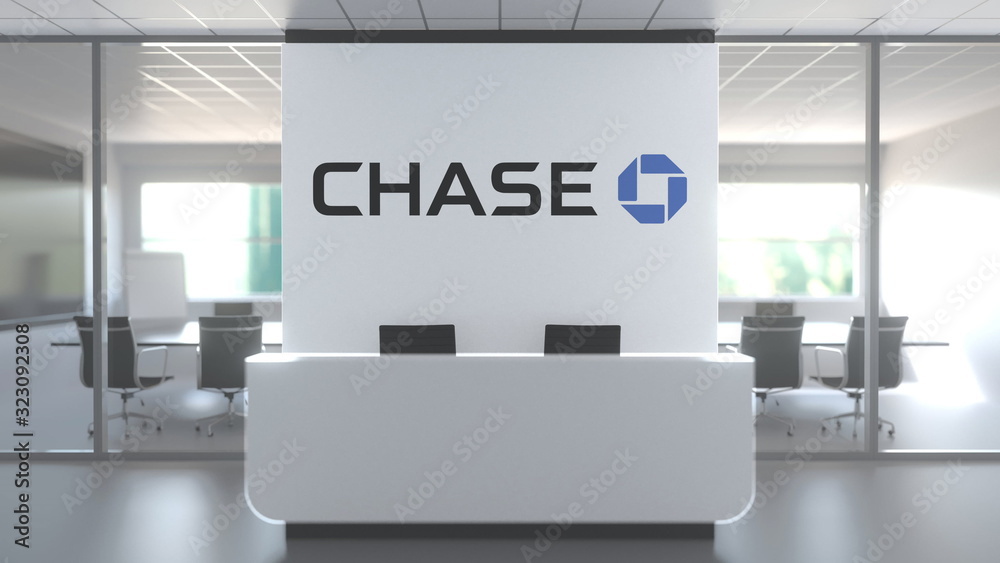 CHASE logo above reception desk in the modern office, editorial ...
