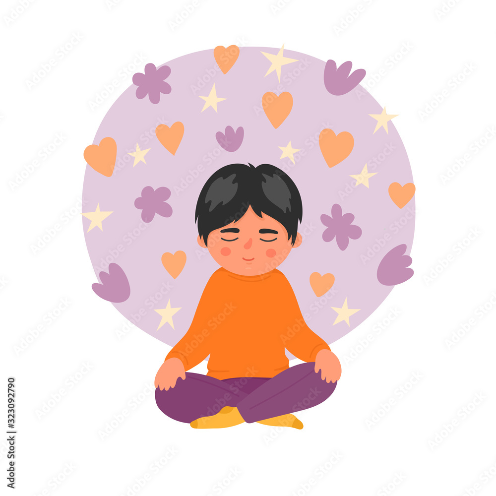 Children meditation. boy sitting and meditating. Kids yoga, mindfulness ...