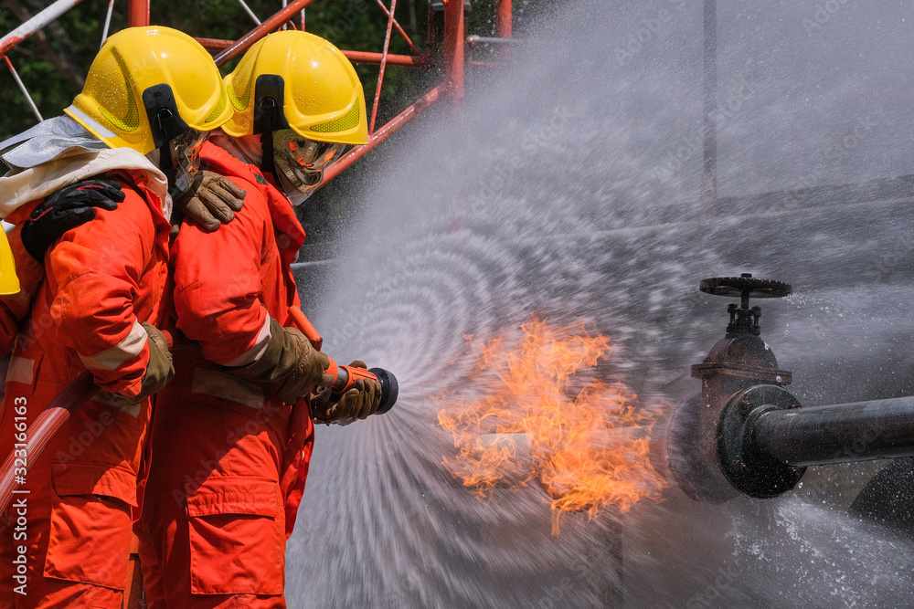 Gas leak from pipe and valv.flame from gas leak.fire fighting with ...