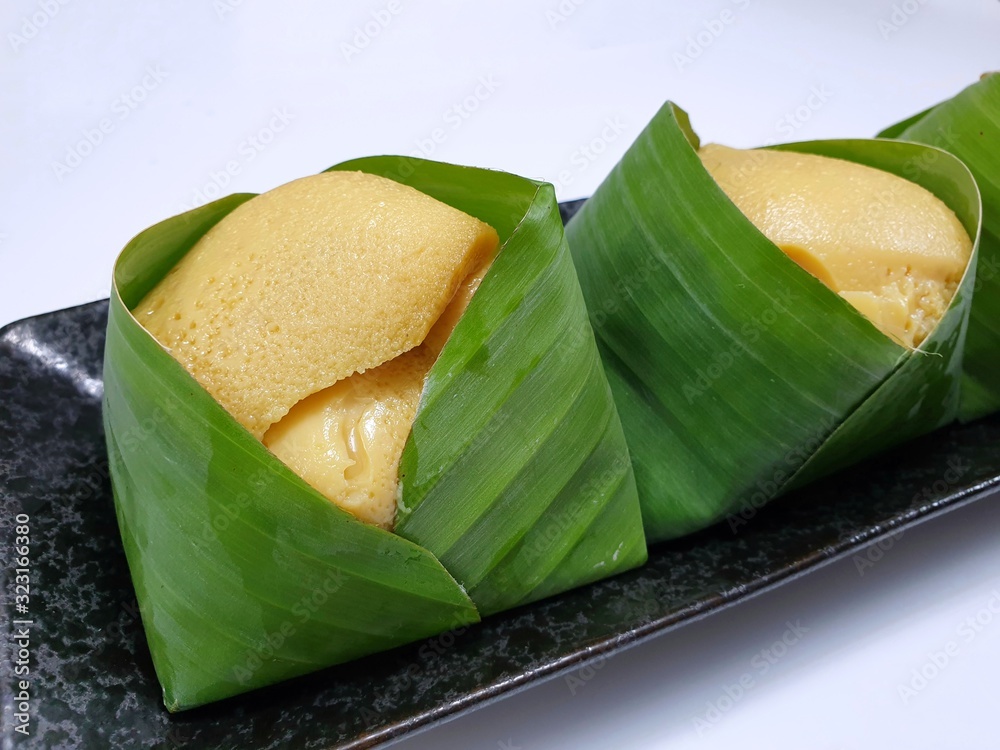 Thai dessert style, Top view of sweet sticky rice with Thai custard or ...