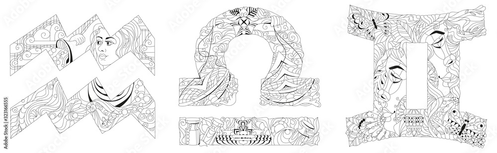 Air Signs Zodiac Libra, Gemini, Aquarius. Vector zentangle object for ...