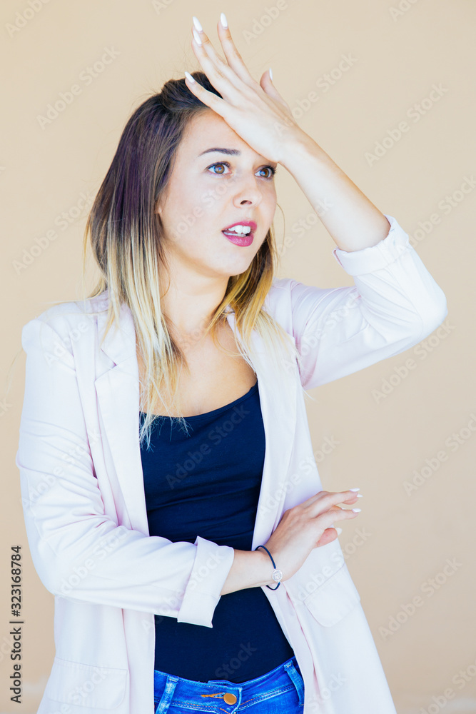 Shocked forgetful lady remembering something important. Frustrated ...