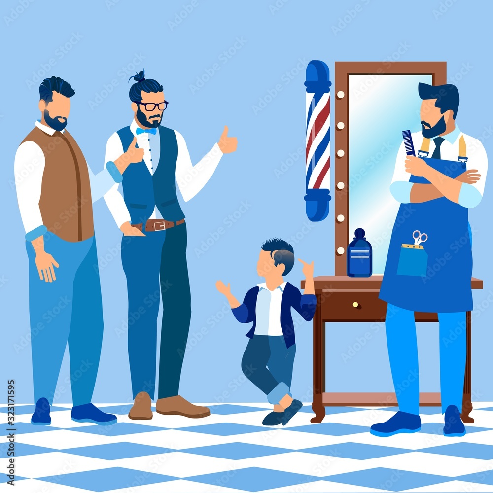 Little Boy Bragging with his New Hairstyle to Father and Barbers ...