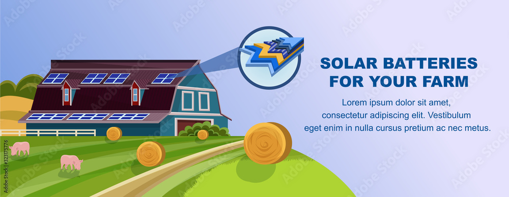 Solar Batteries for Farm Banner. Photovoltaic Panels on Roof Vector ...