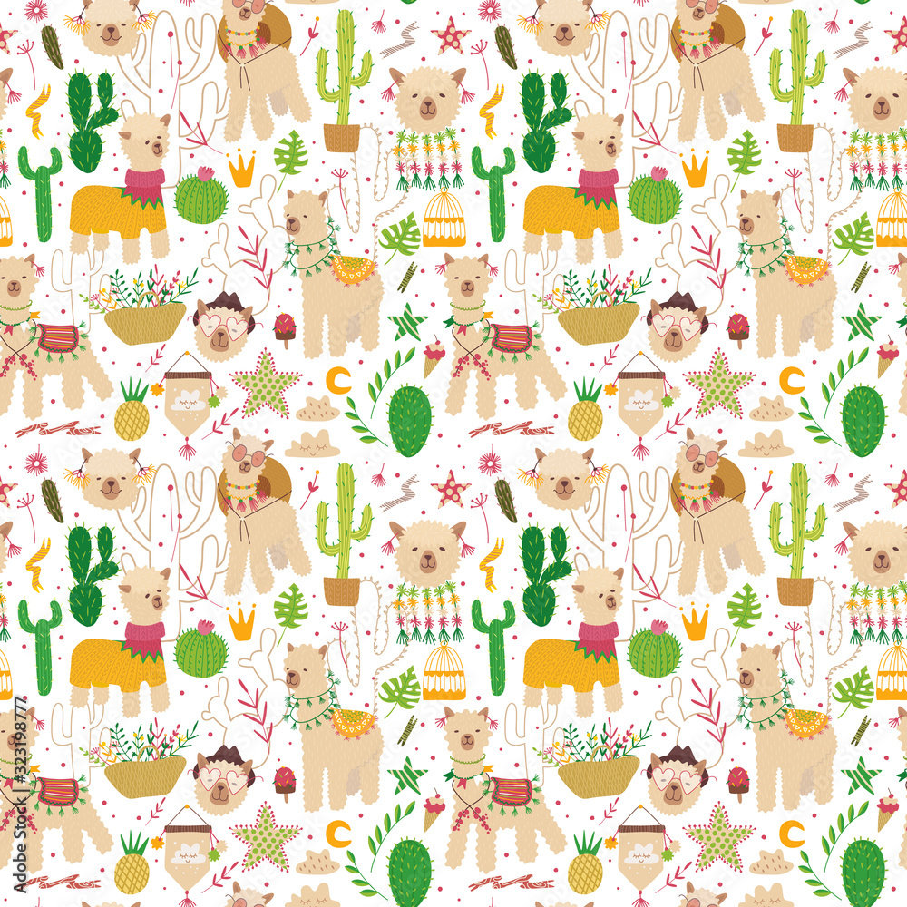 Composition with alpaca and cacti. flowers and plants. Vector graphics ...