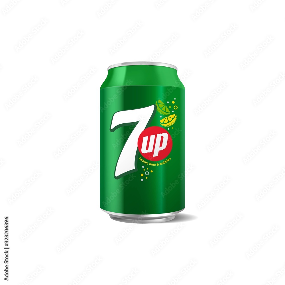 7 UP can on white background. This refreshment drink produced by Pepsi ...