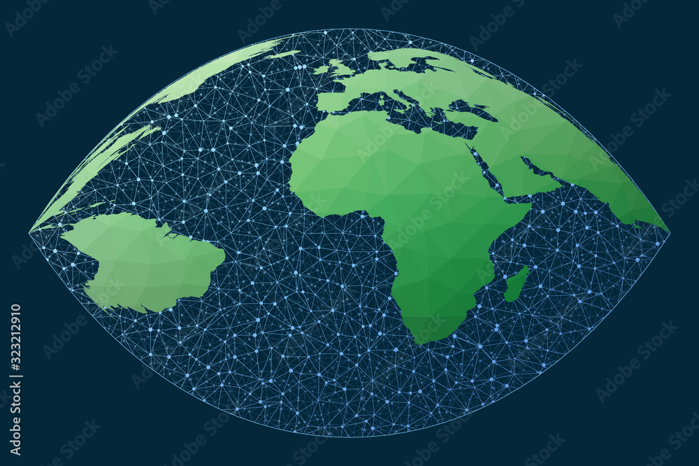 Abstract telecommunication world map. Craig projection. Green low poly ...