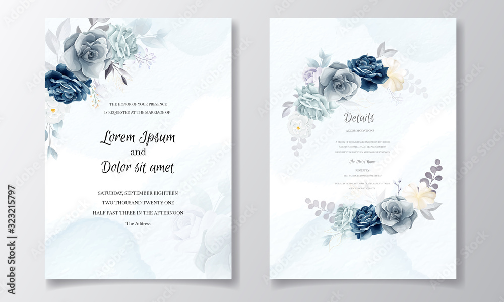 Navy blue floral wedding invitation card template with golden leaves ...