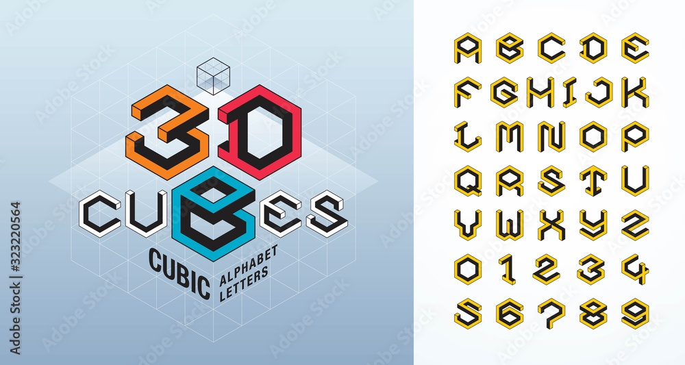 Vector of Cube Alphabet Letters and numbers, Abstract 3d Hexagon ...
