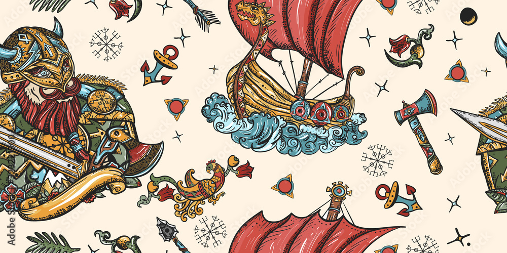 Vikings seamless pattern. Medieval barbarian warrior, long boat ...