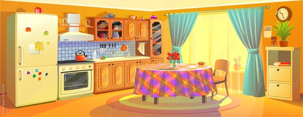 Vector cartoon interior of family kitchen. Vector illustration Stock ...