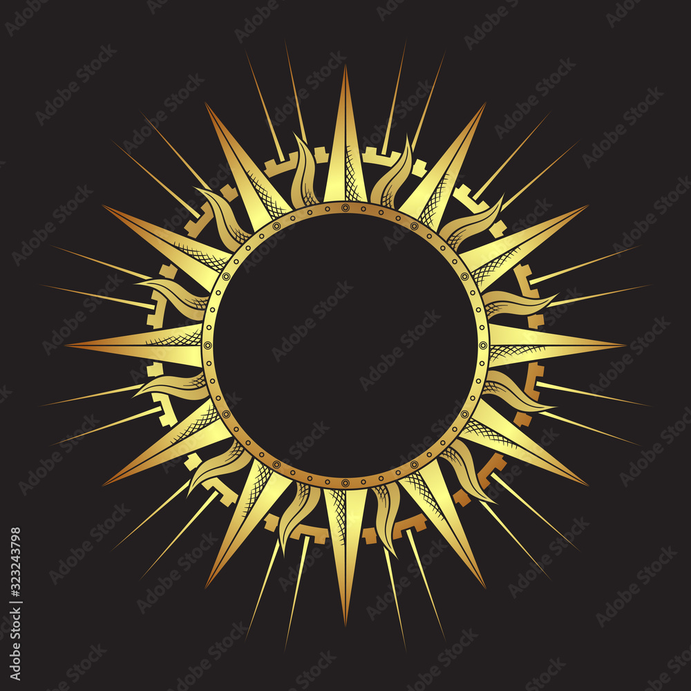 Ornate antique gold etching style frame in a shape of sun rays hand ...
