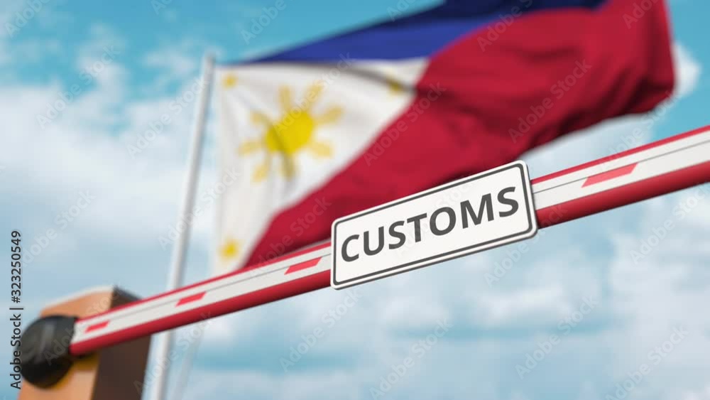Vidéo Stock Barrier gate with CUSTOMS sign being closed with flag of ...