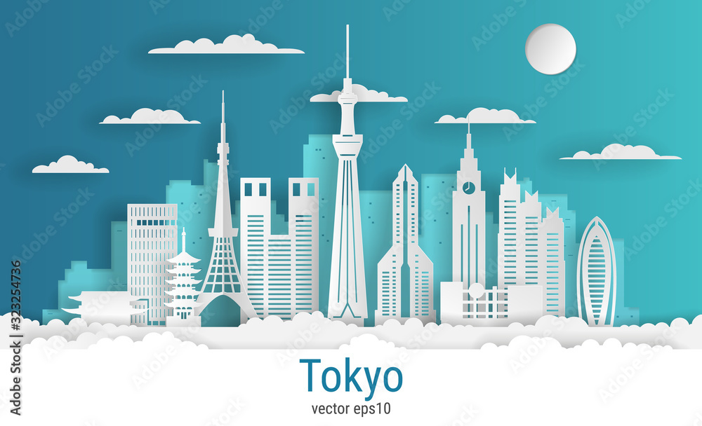 Paper cut style Tokyo city, white color paper, vector stock ...