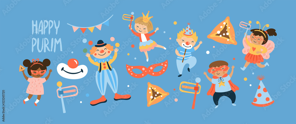 Purim carnival greeting card design with cute children and clown ...