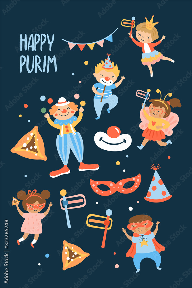 Purim carnival greeting card design with cute children and clown ...