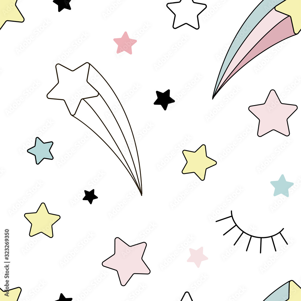 Pastel rainbow star seamless vector pattern. Cartoon magical starry sky ...