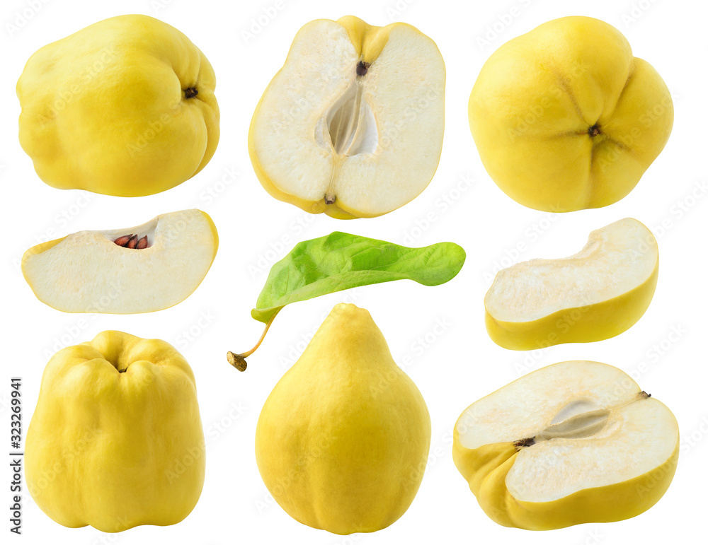 Isolated quince fruits. Collection of whole quince fruits and cut into ...