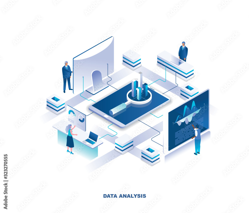 Data analysis, statistical or financial analytics isometric landing ...