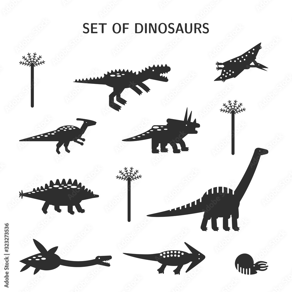 Simple set flat style icons of different dinosaurs. Pictograms for ...