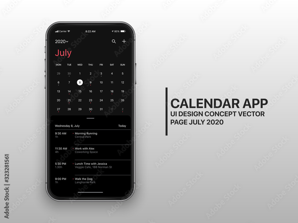 Calendar App Page July 2020 with To Do List and Tasks UI UX Design Mockup Dark Mode Realistic ...