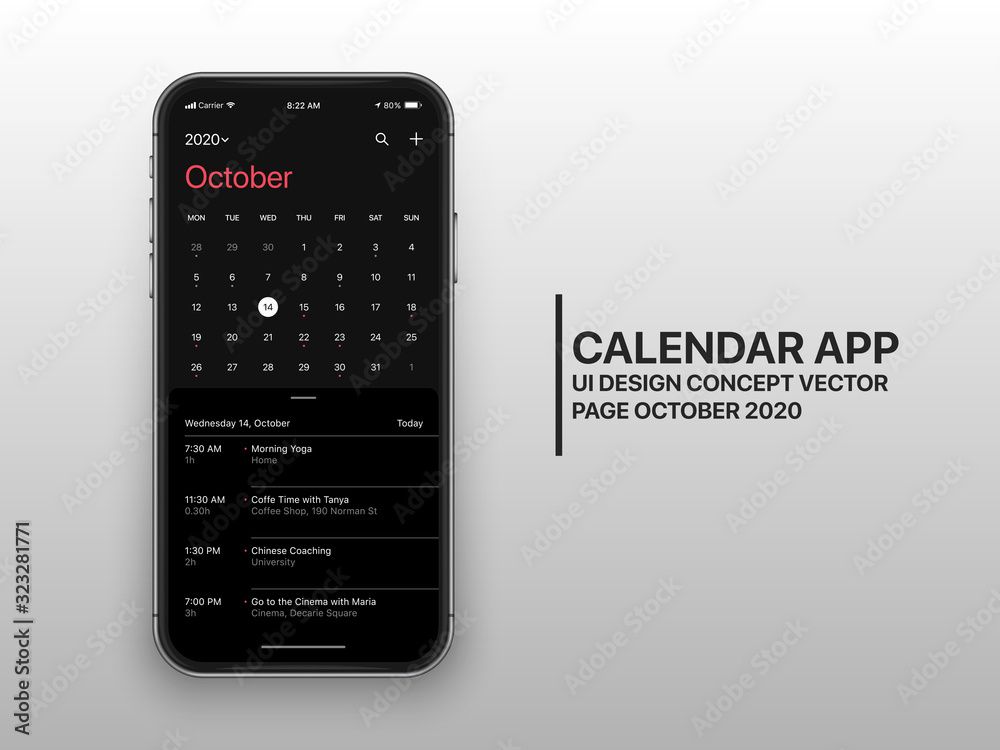 Calendar App Page October 2020 To Do List and Tasks UI UX Design Mockup ...