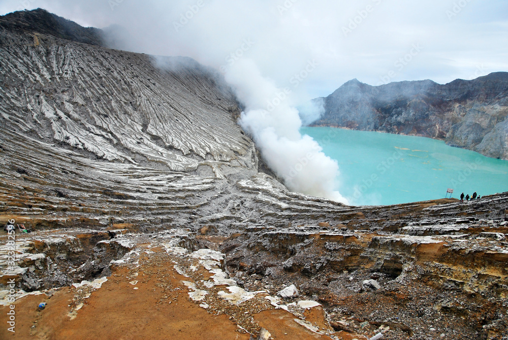 Nature scene of Kawah Ijen volcano and sulfur lake with the tourist man ...
