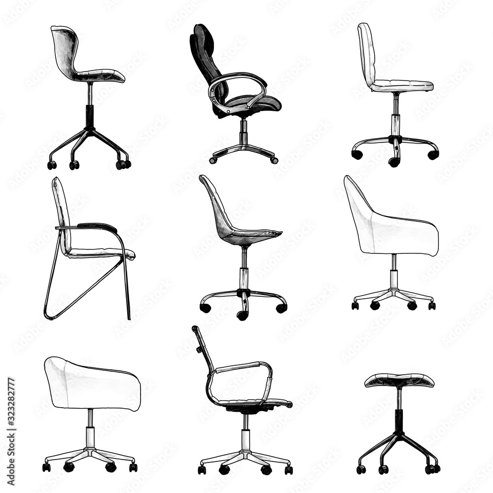 set of office chairs in the loft style side view for drawing up and ...